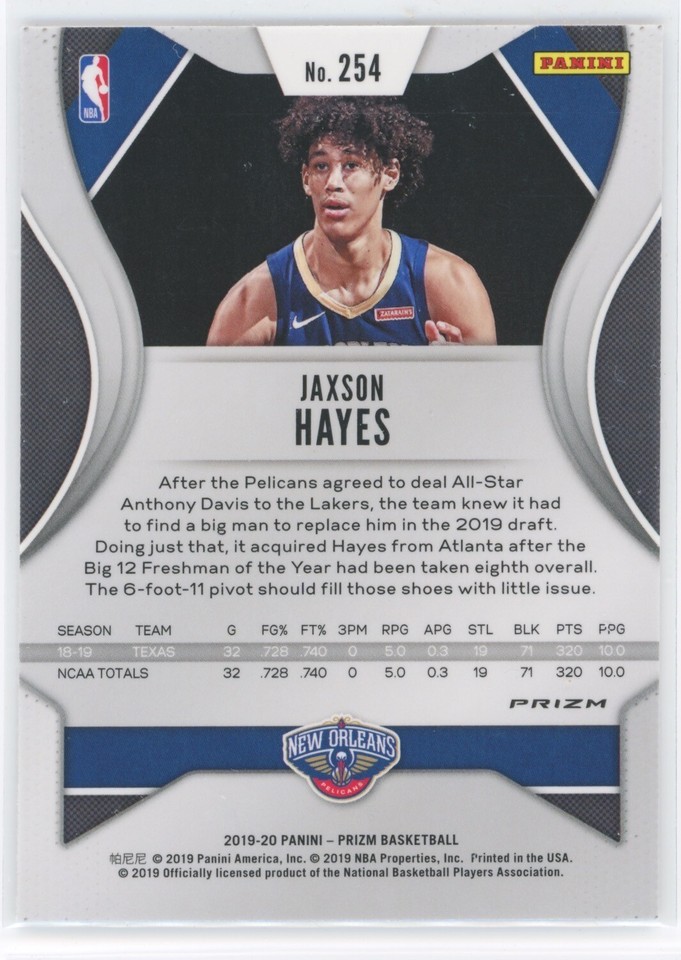 JAXSON HAYES 2019-20 PANINI PRIZM ROOKIE SILVER #254 RC | eBay