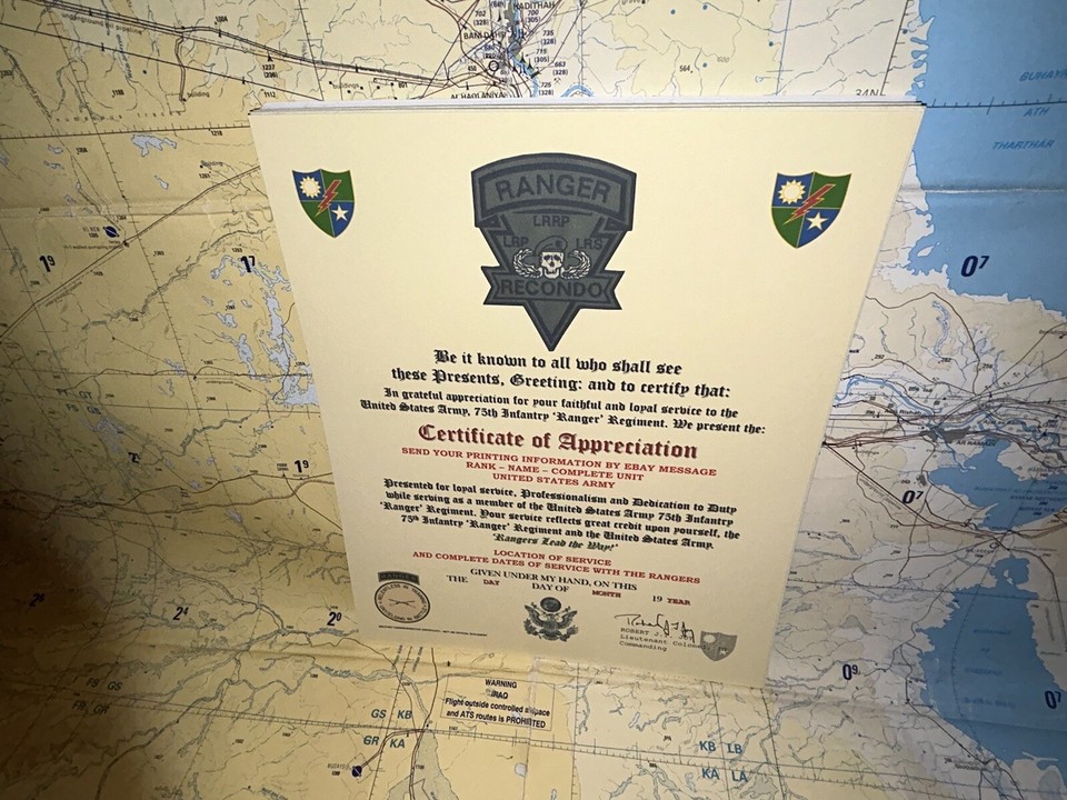 U.S. ARMY 75 RANGERS - LRRP RANGER RECONDO LRP-LRS / CERTIFICATE OF ...