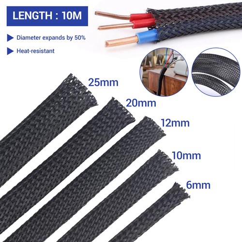 10M Black Braided Cable Sleeving Expandable Wire Harness Marine Auto ...