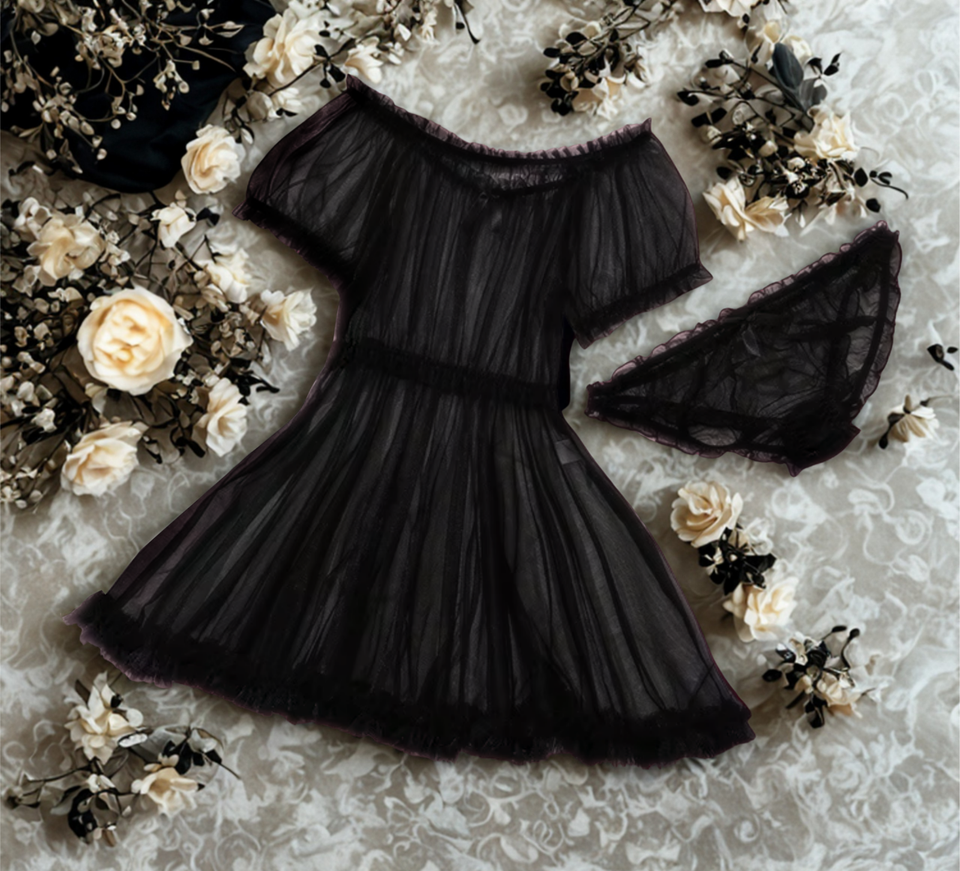 Romantic Lace Nightwear: Sheer Ruffle Off-Shoulder Sleep Dress ...