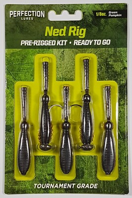 5pc Perfection Lures Pre-Rigged Ned Rig Kit 1/8 Oz Green Pumpkin ...