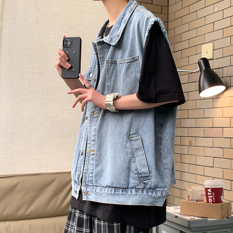Men Casual Denim Tank Top Waistcoat Gilet Vest Coat Raw Trim Distressed ...