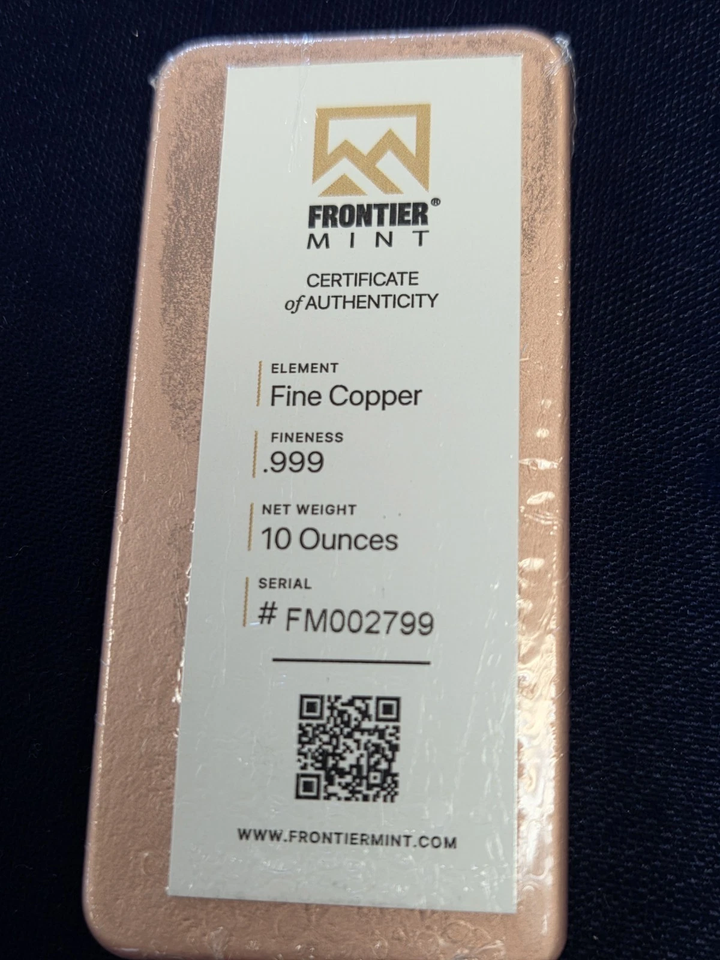 Frontier USA Mint 10 oz Pure Copper Bar .999 Fine Sealed With COA | eBay