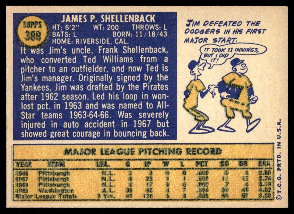1970 Topps Baseball Jim Shellenback Washington Senators #389 EX-MT+ | eBay