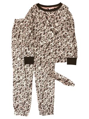 Womens Pink Fleece Leopard Print 3pc Pajamas Joggers & Top Sleep Set | eBay