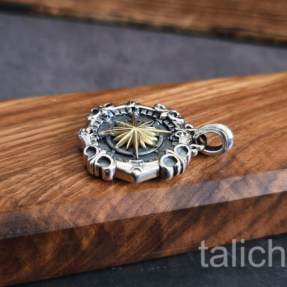 Thick Solid 925 Sterling Silver Round Pendant Double Sided Compass Star ...