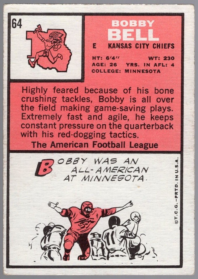 1966 Topps Football #64 BOBBY BELL (HOF) VG/EX+ Kansas City CHIEFS | eBay