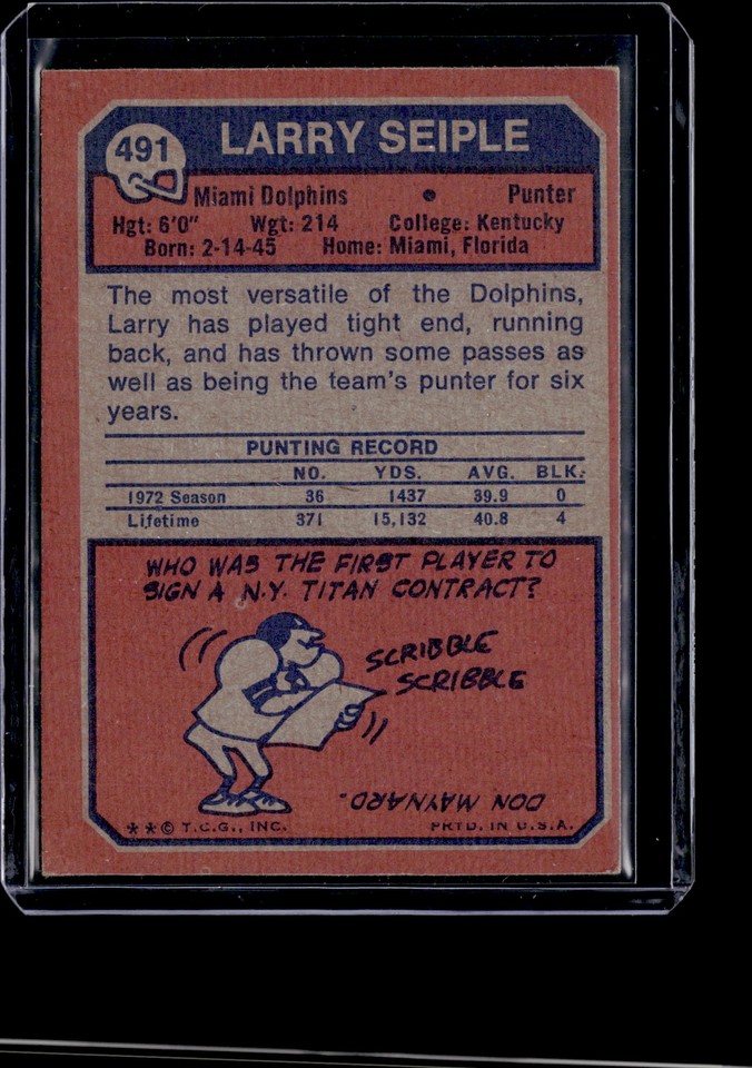 Larry Seiple 1973 Topps #491 Miami Dolphins | eBay