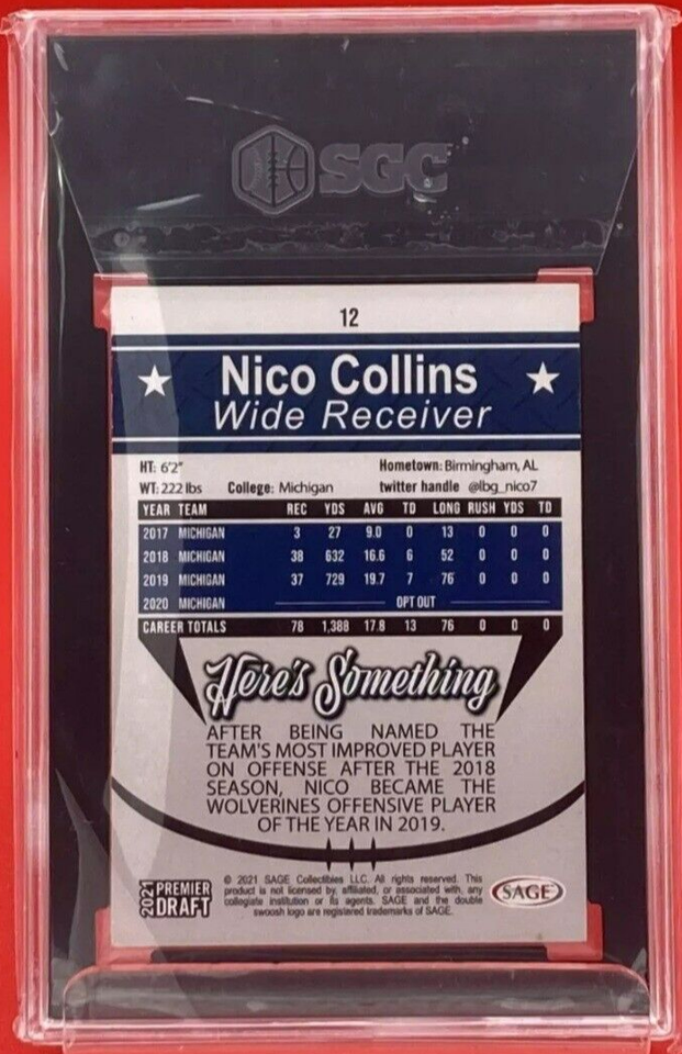 NICO COLLINS HOUSTON TEXANS 2021 SAGE PREMIER DRAFT #12 ROOKIE CARD SCG ...