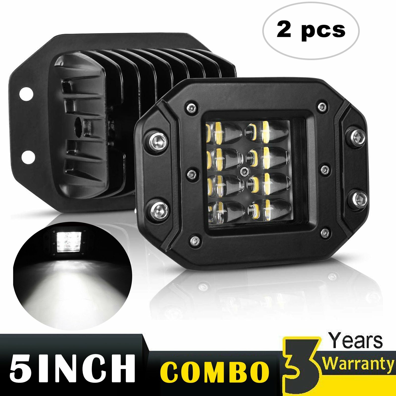 2Pcs 5inch Flush Mount LED Work Light Bar Spot Flood Reverse Lamp 4-Row ...