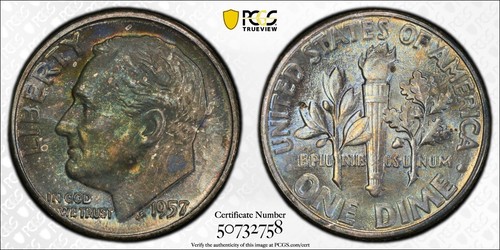 1957 ROOSEVELT DIME 10C SILVER PCGS MS65FB UNCIRCULATED MONSTER TONED ...