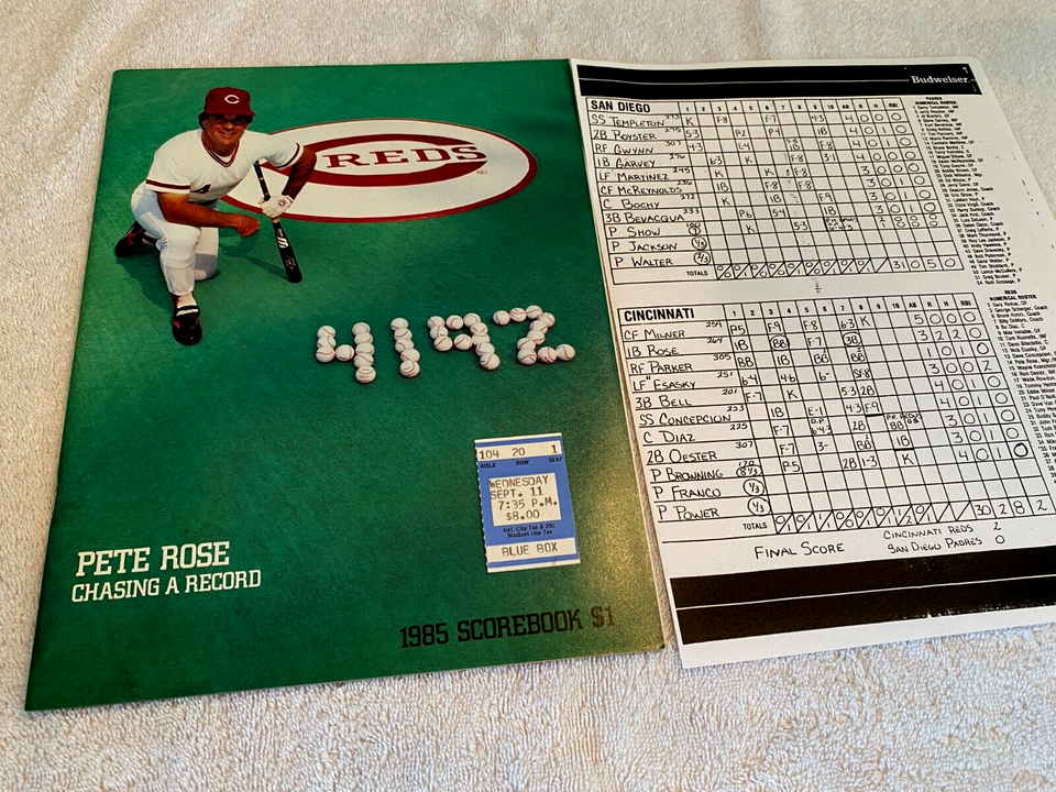 PETE ROSE #4192 Hit Program with Boxscore & ticket stub enclosed -Exc ...