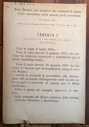 Italy 1887 Royal Decree X Handsfree Protection MARITTIMA-2 PAGINE-5499 ...