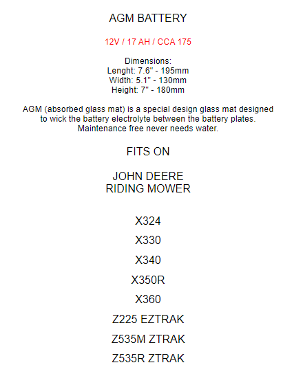 AGM Battery For John Deere X324 X330 X340 X350R X360 Z225 Eztrak Z535M ...