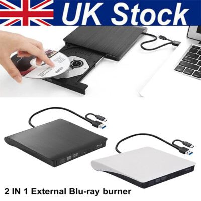 USB 3.0 & Type-C 2 IN 1 External Blu ray Disc Writer + Reader BD CD DVD ...