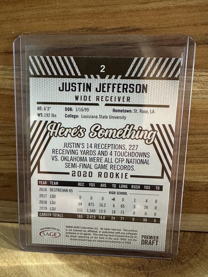 Justin Jefferson 2020 SAGE HIT Premier Draft #2 LSU Tigers Football ...