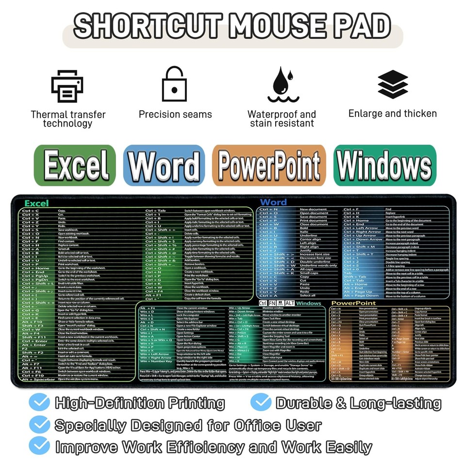 Computer Cheat Sheet Desk Pad 31.5x11.8 Inch Excel Word Shortcut Mouse ...