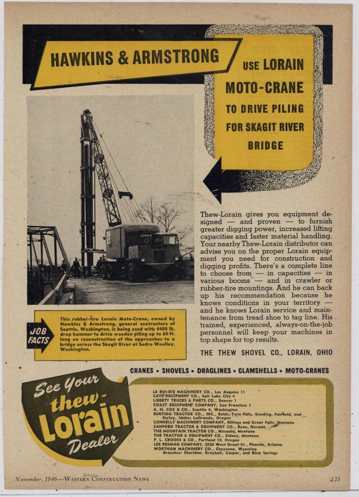 1946 Thew Shovel Ad: Lorain Moto-Crane at Skagit River, Sedro Wooley ...