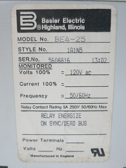 Basler Electric Be4-25 Sync-check Relay Style 1a1n5 120vac for sale ...