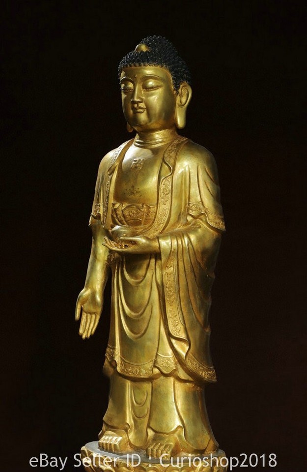 40" Old Chinese Buddhism Copper 24k Gilt Stand Shakyamuni Amitabha ...