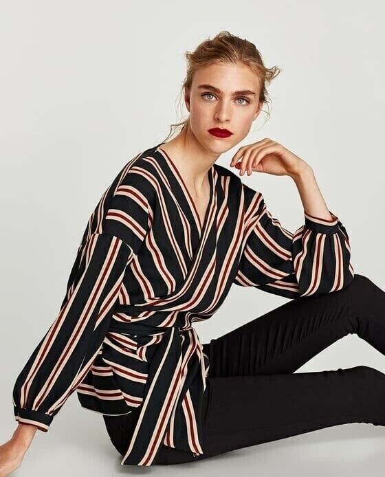 Zara Basic Collection Women Blouse Wrap Size XS striped Red Blue Cream ...