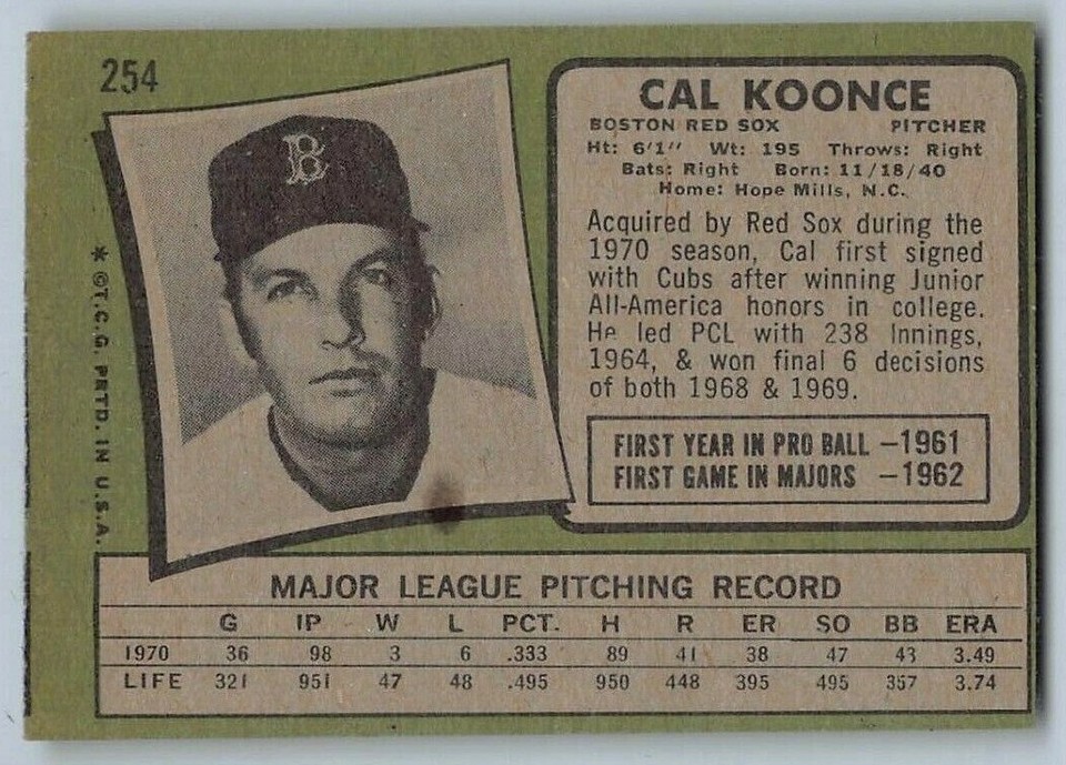 1971 CAL KOONCE - Topps Baseball Card # 254 - BOSTON RED SOX | eBay