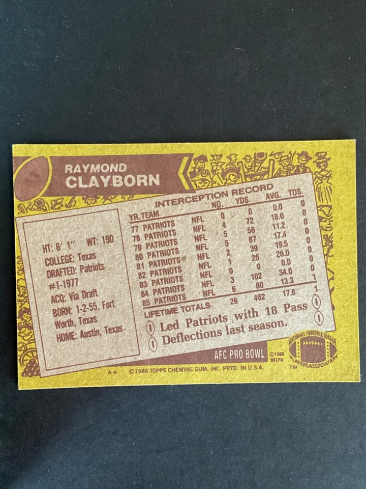 Raymond Clayborn 1986 Topps Football Card #41 - New England Patriots ...