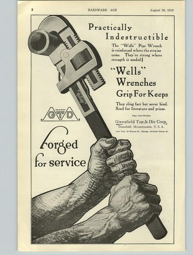 1918 PAPER AD Greenfield Tap & Die Ppe Wrench Wells W&B Whitman ...
