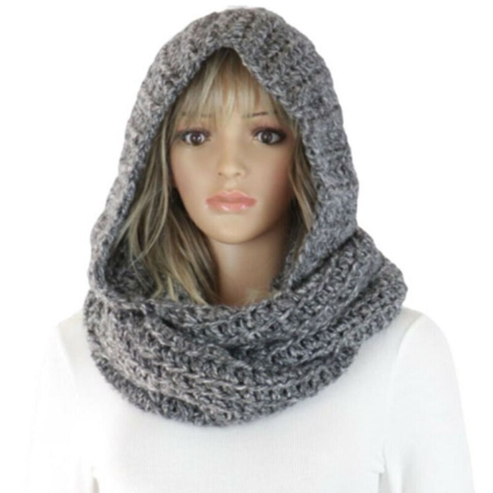 Soft Hooded Scarf Polyester Wrap Circle Loop Neck Hooded Knitted Scarf ...