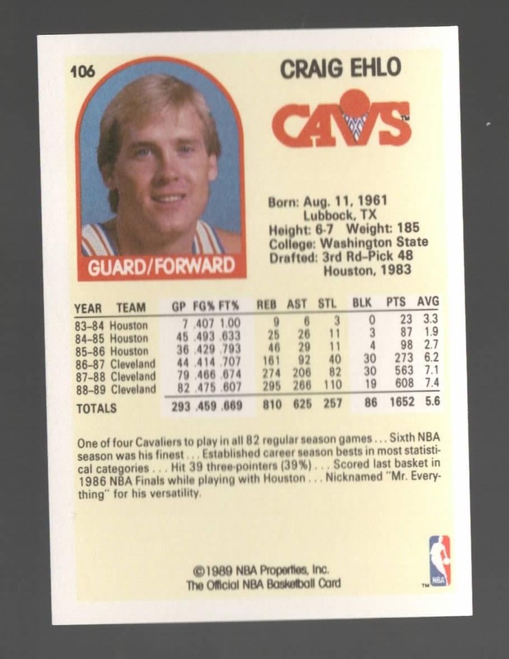 1989-90 Hoops Craig Ehlo Cleveland Cavaliers #106 Near Mint or Better ...