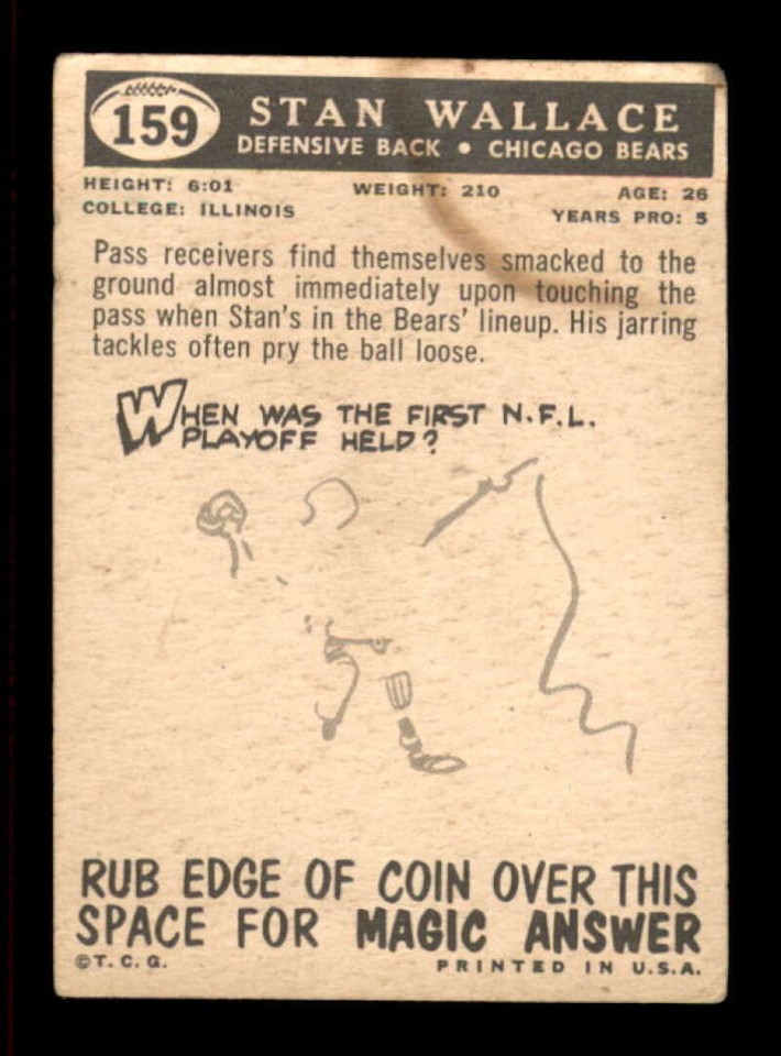 1959 Topps #159 Stan Wallace G RC Rookie Bears 550415 | eBay