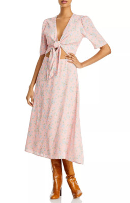 WAYF Tie Front Floral Midi Dress Pink Ditsy Size XS 3666 | eBay