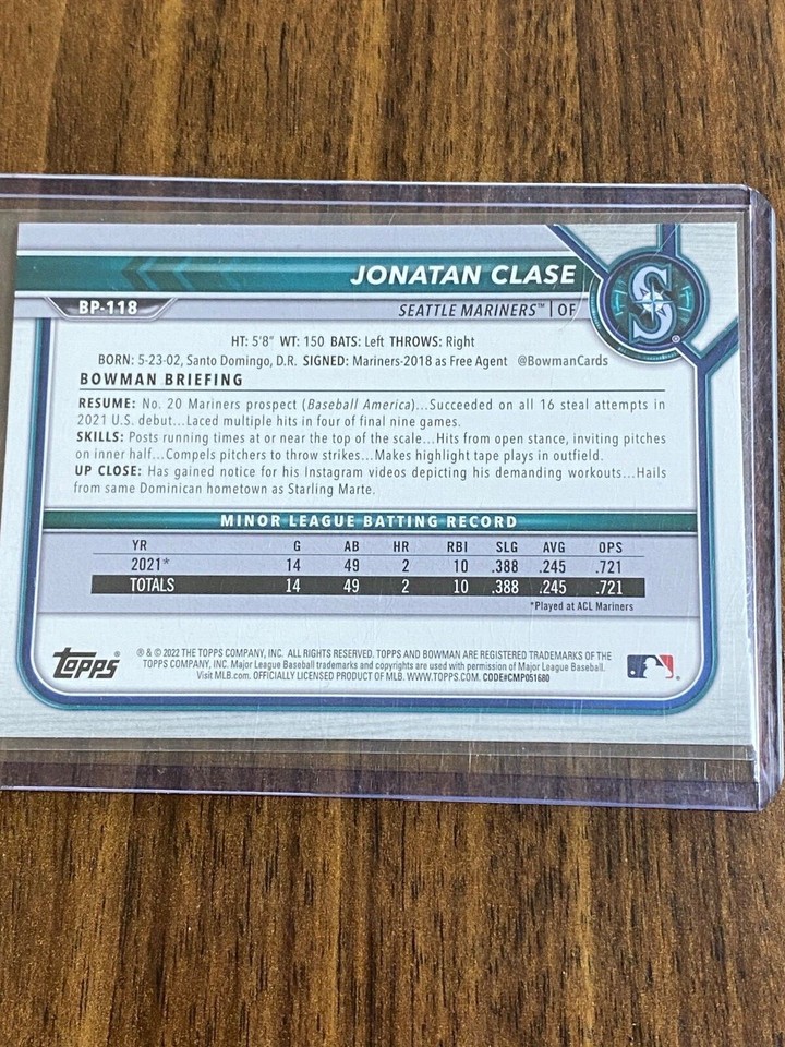 Jonathan Clase - 2022 Bowman Paper 1st Bowman, BP 118, Seattle Mariners ...