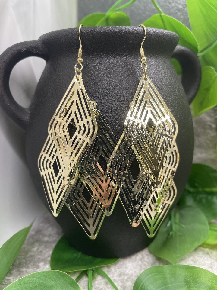 4” Earring Set Gold-tone Exaggerated Dangle Drop New Free Ship A3669 | eBay