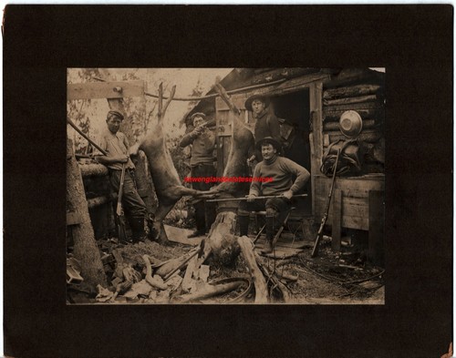 1904 DEER HUNTERS AT WILDERNESS CABIN LOG CAMP RIFLES TROPHY GAME ...