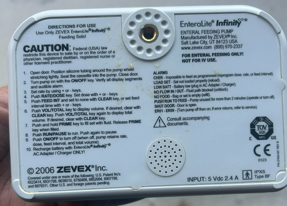 Zevex Moog EnteraLite Infinity Feeding Pump W/Pole Clamp & AC Adapter ...