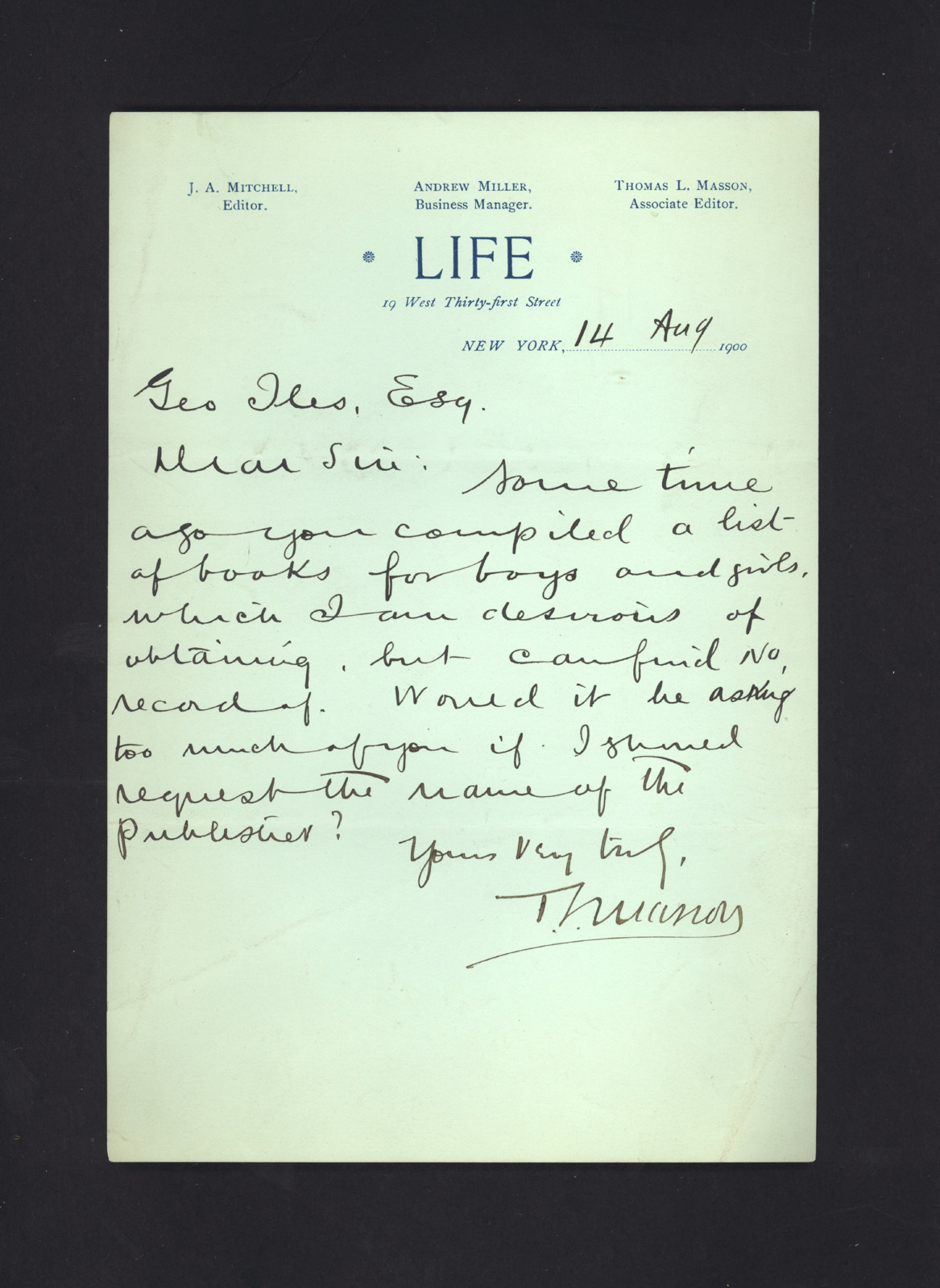 Thomas Lansing Masson * signed 1900 letter anthropologist & editor Life ...