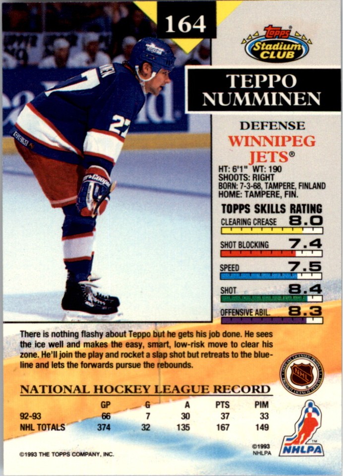 1993-94 (JETS) Stadium Club Members Only Parallel #164 Teppo Numminen ...