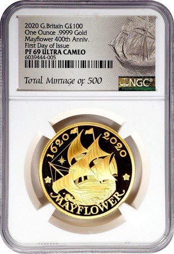 GREAT BRITAIN 2020 100 Pounds Mayflower 400th Anniversary PR69 1 OUNCE ...