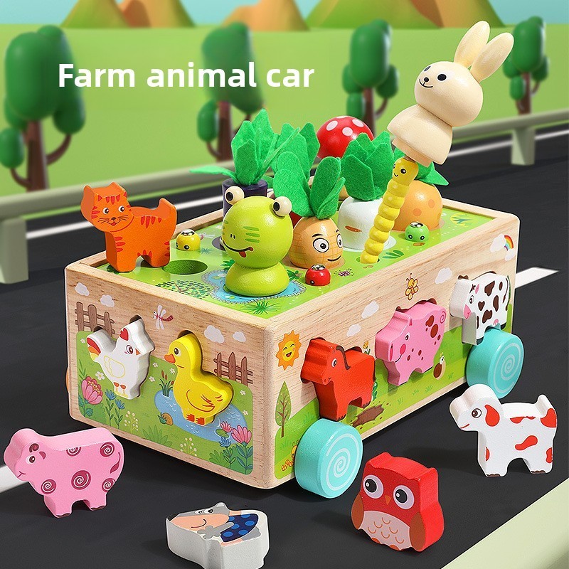 Wooden Farm Orchard Shape Matching Pulling Toy For Kids Learning And ...