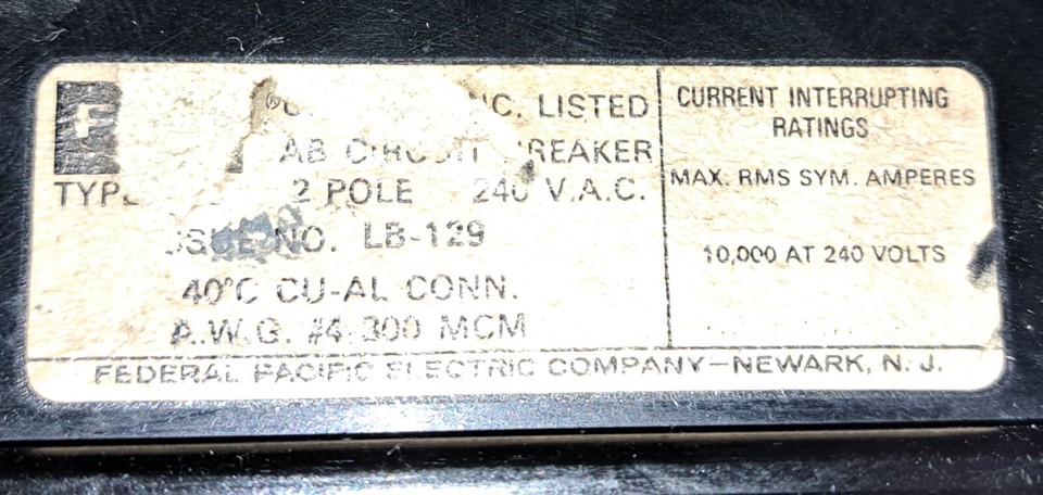 FEDERAL PACIFIC FPE TYPE NEJ 150AMP 240VAC 2POLE CIRCUIT BREAKER ...