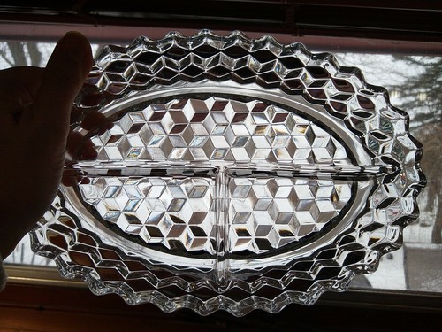 Vintage Heavy Tri Divided Relish Tray Dish Diamond Cubed 11" x 7" | eBay
