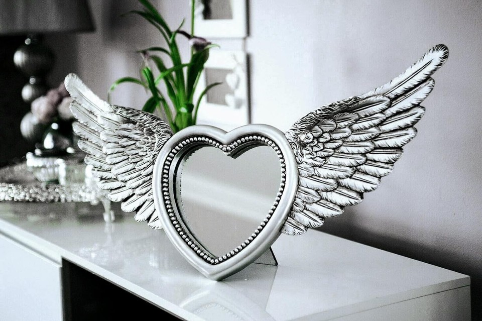Large Antiqued Silver Angel Wings Mirror Vintage Ornate Heart Wall ...