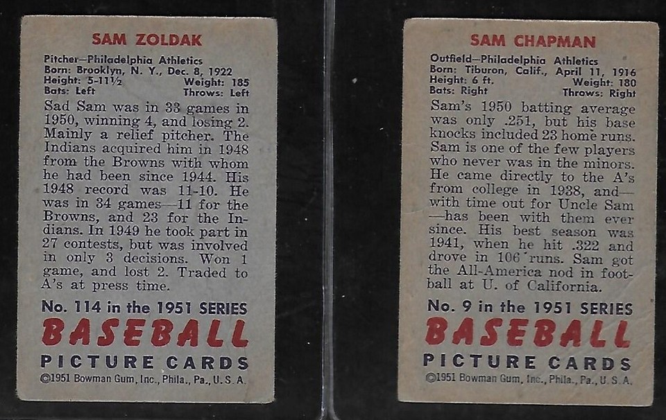 (2) 1951 Bowman Philadelphia Athletics #9 Sam Chapman & 114 Sam Zoldak ...