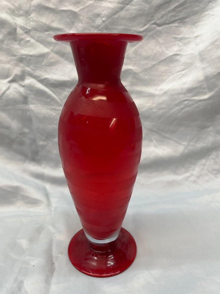 RED MID CENTURY ETCHED SWIRL HAND BLOWN GLASS VASE 9in | eBay