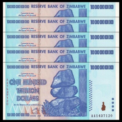Zimbabwe 100 Trillion Dollars, Prefix AA, 2008, Pick#91, Lot of 5 pcs ...