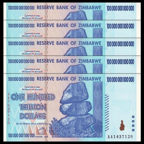 Zimbabwe 100 Trillion Dollars, Prefix AA, 2008, Pick#91, Lot of 5 pcs ...