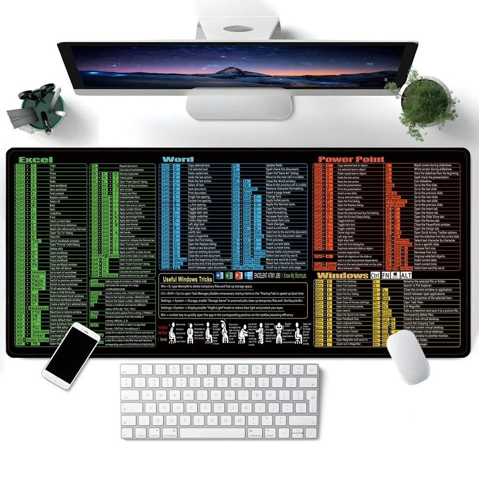 Excel English Shortcuts Mouse Pad – Large Extended Non-Slip Rubber Desk ...