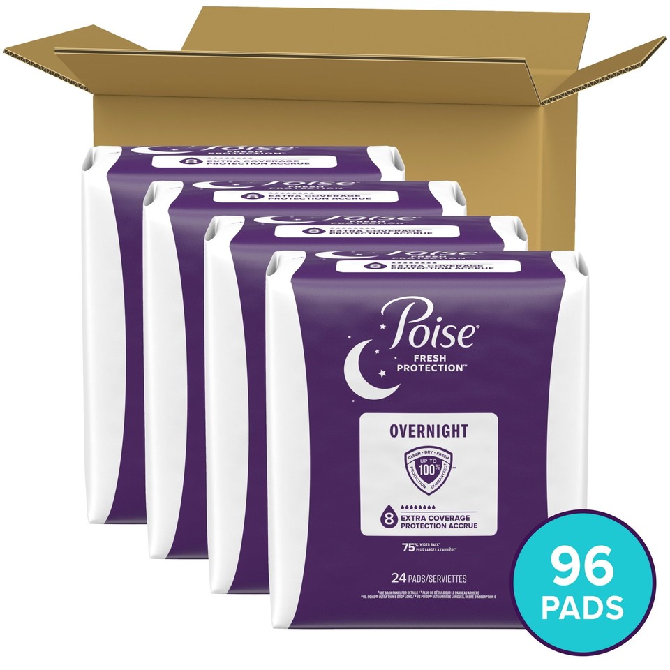 Poise Overnight Incontinence Pads for Women, 8 Drop Extra Coverage, 36 ...