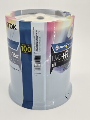 TDK DVD-R 1-16x Print On White Media Discs 100 Pack Spindle 4.7GB 1-16X ...